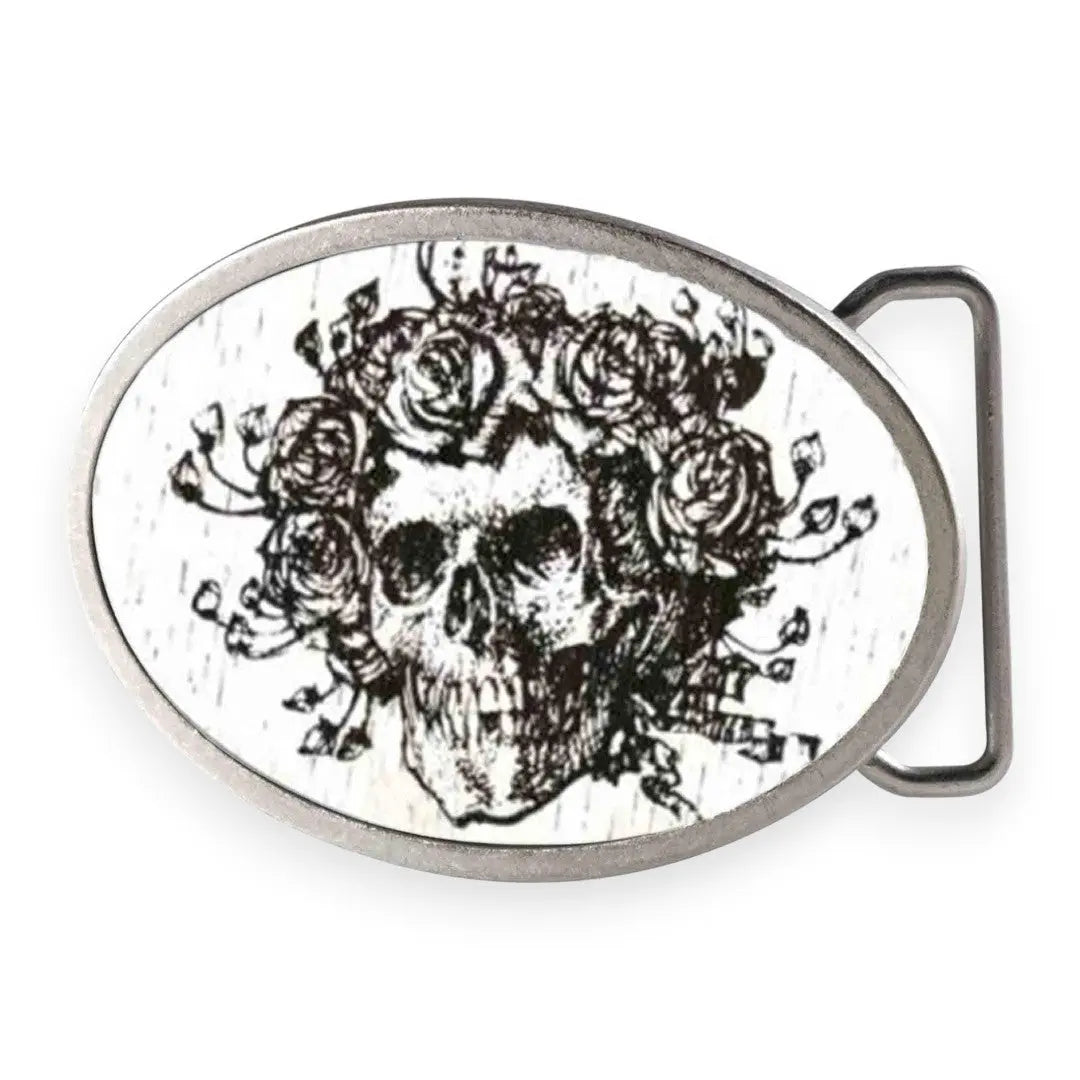 Grateful Dead Belt Buckle | Black/White Wood Skull & Roses – Matte Oval
